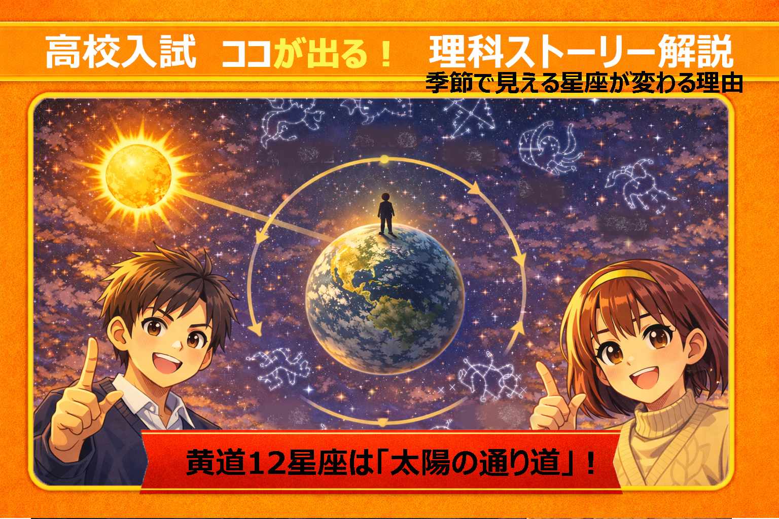 中3理科 天体｜黄道12星座の覚え方と考え方（夜に見える星座＝太陽の反対側）